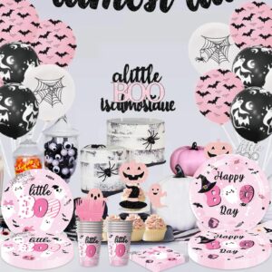 Happy BOO Day Birthday Party Decorations Set, Pink Halloween Birthday Plates,Napkins and Cups,Halloween Birthday Party Decorations for Girl, Girl Halloween Birthday Party Decorations,Serve 20 Guest.