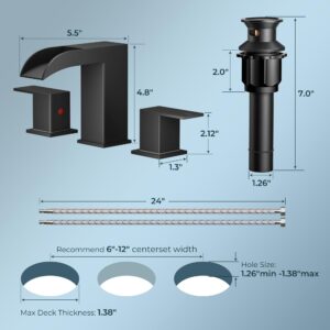 QFN Black Bathroom Faucet 3 Hole, Waterfall Bathroom Faucets with Metal Pop-up Drain and Cupc Hose, Matte Black Widespread Bathroom Sink Faucet, Two Handle Faucet for Bathroom Sink