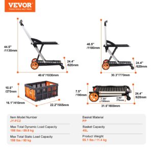 VEVOR Multi Use Functional Collapsible Cart, 198 lbs Capacity 2-Tier Folding Shopping Cart with Wheels, Collapsible Utility Cart with Storage Crate, 2 in 1 Hand Truck for Grocery/Luggage/Moving/Office