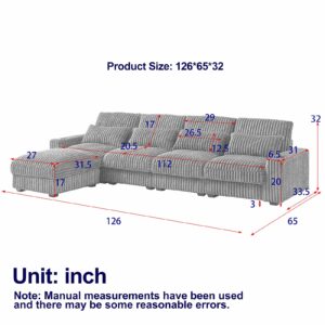 Convertible Sectional Couch Modular Sofa with Movable Ottoman,126" Upholstered Corduroy L Shaped Couch with USB Port&Cup Holder,Oversized Comfy Cloud Couch,Modern Sofa for Living Room(4 Seater,Grey)