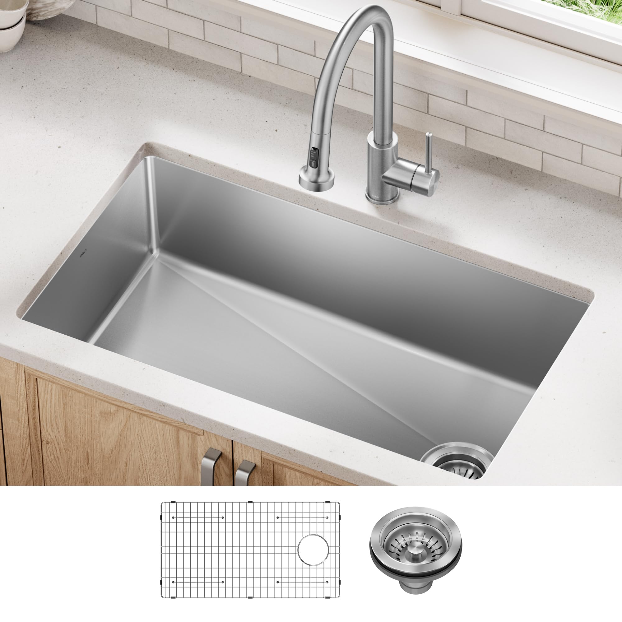 KRAUS Fairlane 33-inch Undermount Single Bowl 18-Gauge Stainless Steel Kitchen Sink, KHU640-33