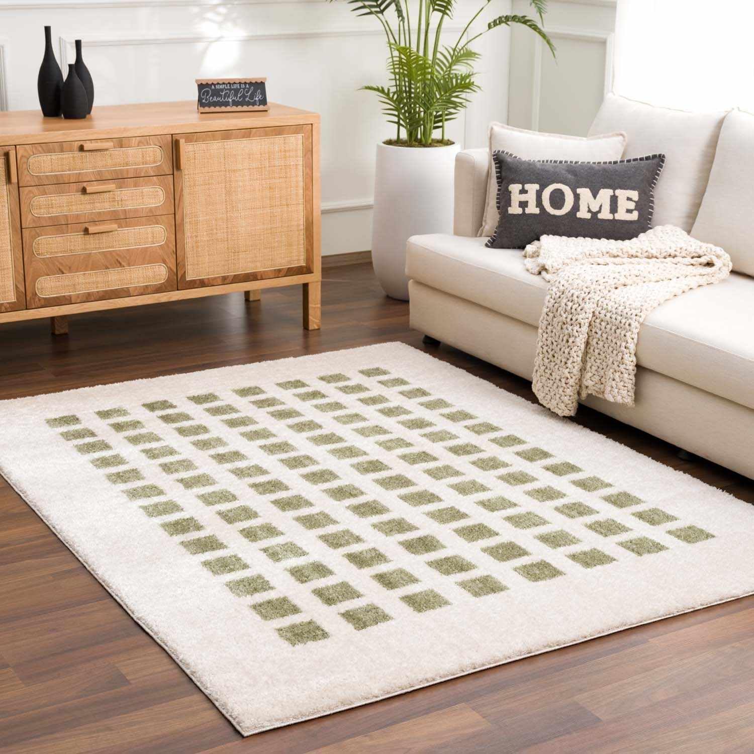 Hauteloom Baback Checkered Area Rug - Modern Geometric Square Tiles Carpet for Living Room, Kids Room, Nursery - Machine Washable - High Pile - Peach, Lime Green - 7'10" x 10' (8x10 Area Rug)