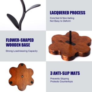 YarkeeSky Mug Holder, Countertop Mug Tree, Leaf Shaped Coffee Mug Tree with Wooden Base, 4 Hooks Coffee Cup Holder for Counter, Coffee Counter Bar Accessory & Kitchen Organizer, Brown