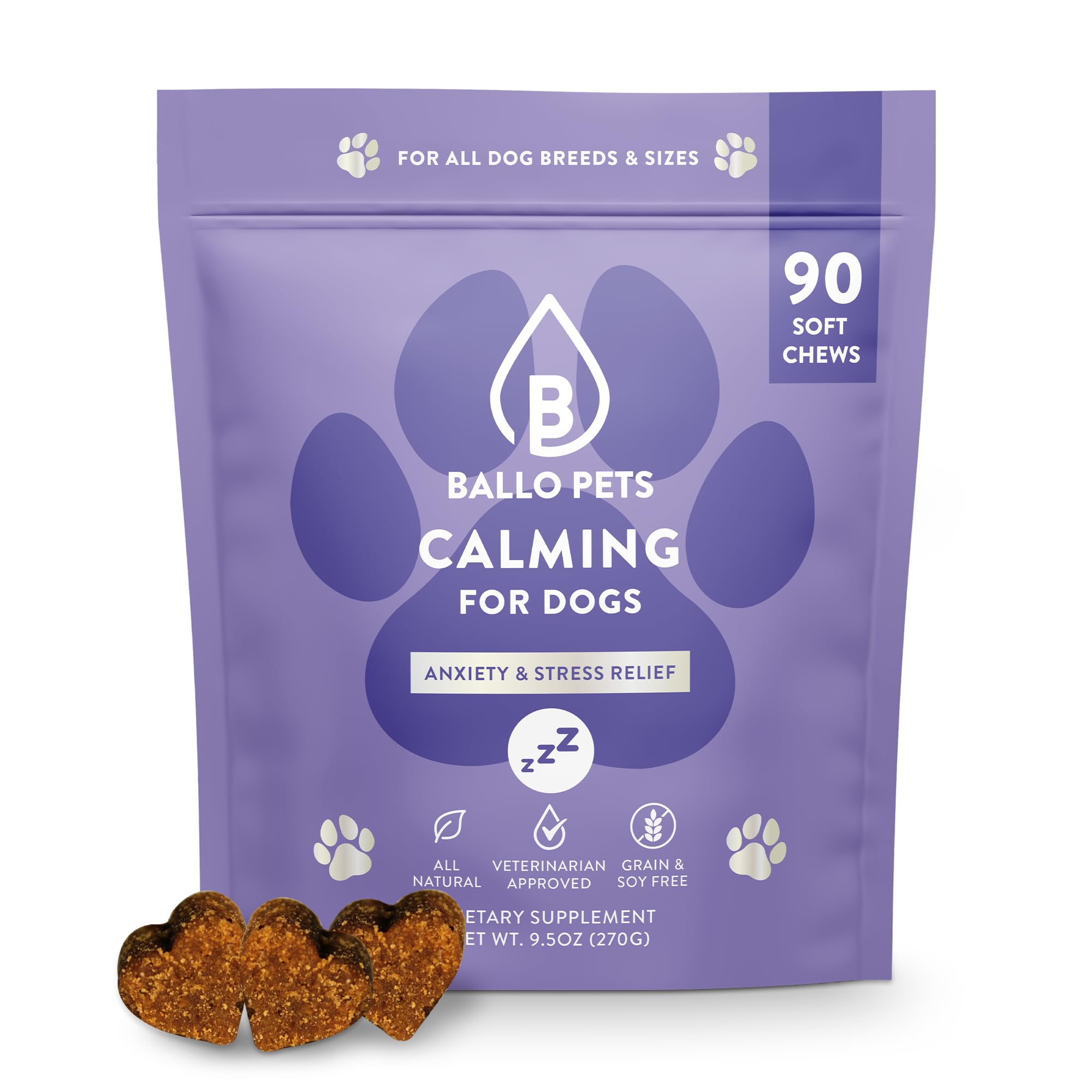 Ballo Pets Calming Chews for Dogs | Natural Stress & Anxiety Relief for Dogs - Help Manage Fireworks, Thunder, Seperation – 90 Soft Chews with Hemp, Melatonin, Chamomile, Ashwaganda- Chicken Flavor