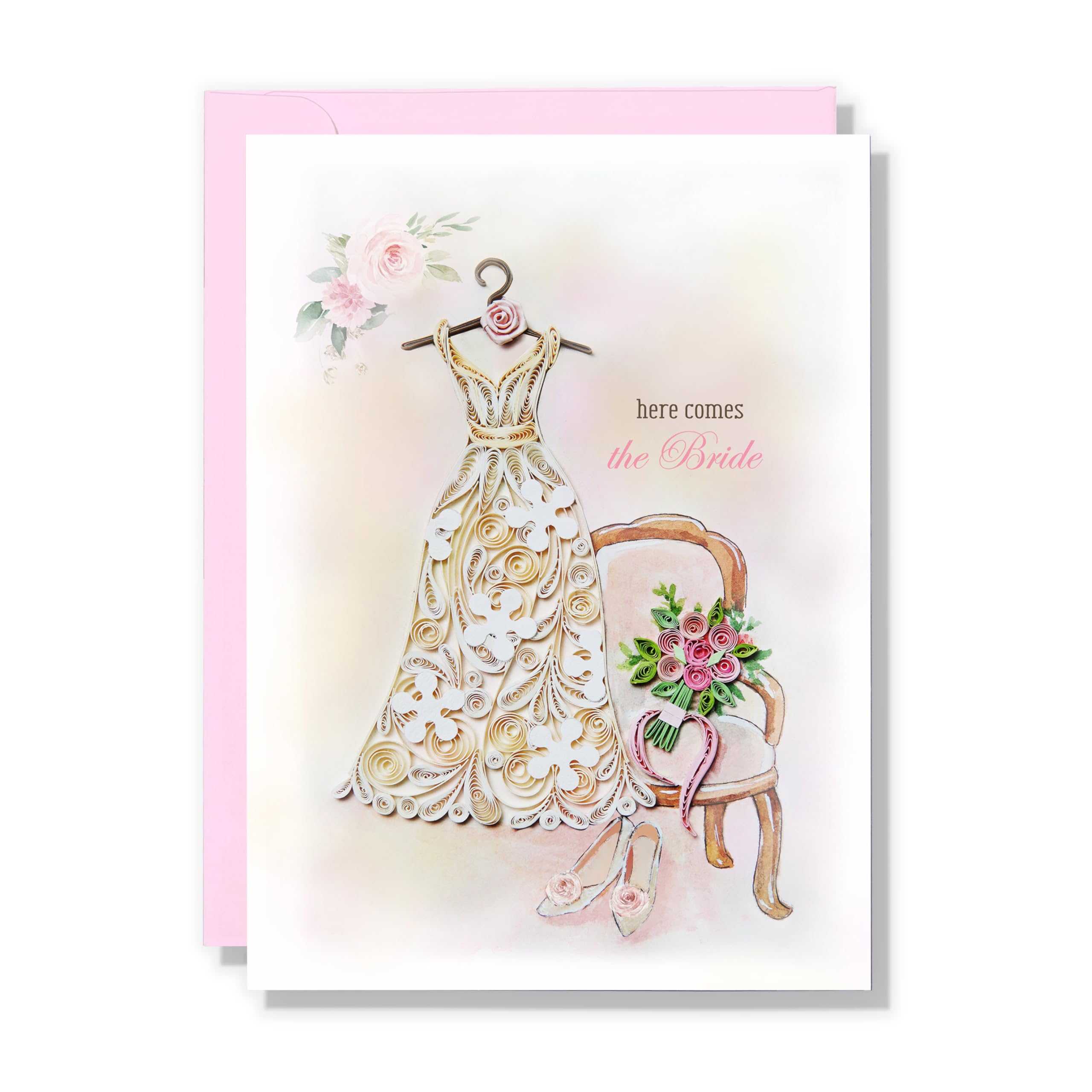 QUILLCRAFT Here comes the Bride Card, Happy Wedding Card, Bridal Shower, Quilling Quilled Congratulations Card, Bride to be, Artful Engagement Card for Her Women Daughter (Here comes the Bride)