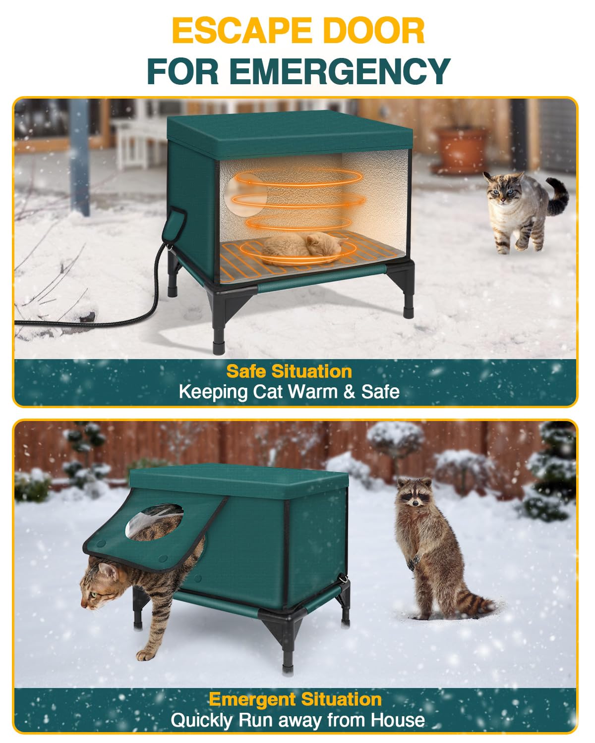 Clawsable Premium Heated Cat House for Outside Winter, 100% Weatherproof, Safe Escape Door, Insulated Outdoor Cat House Shelter with Heater for Feral Barn Cat Kitty (Dark Forest Green, Small)