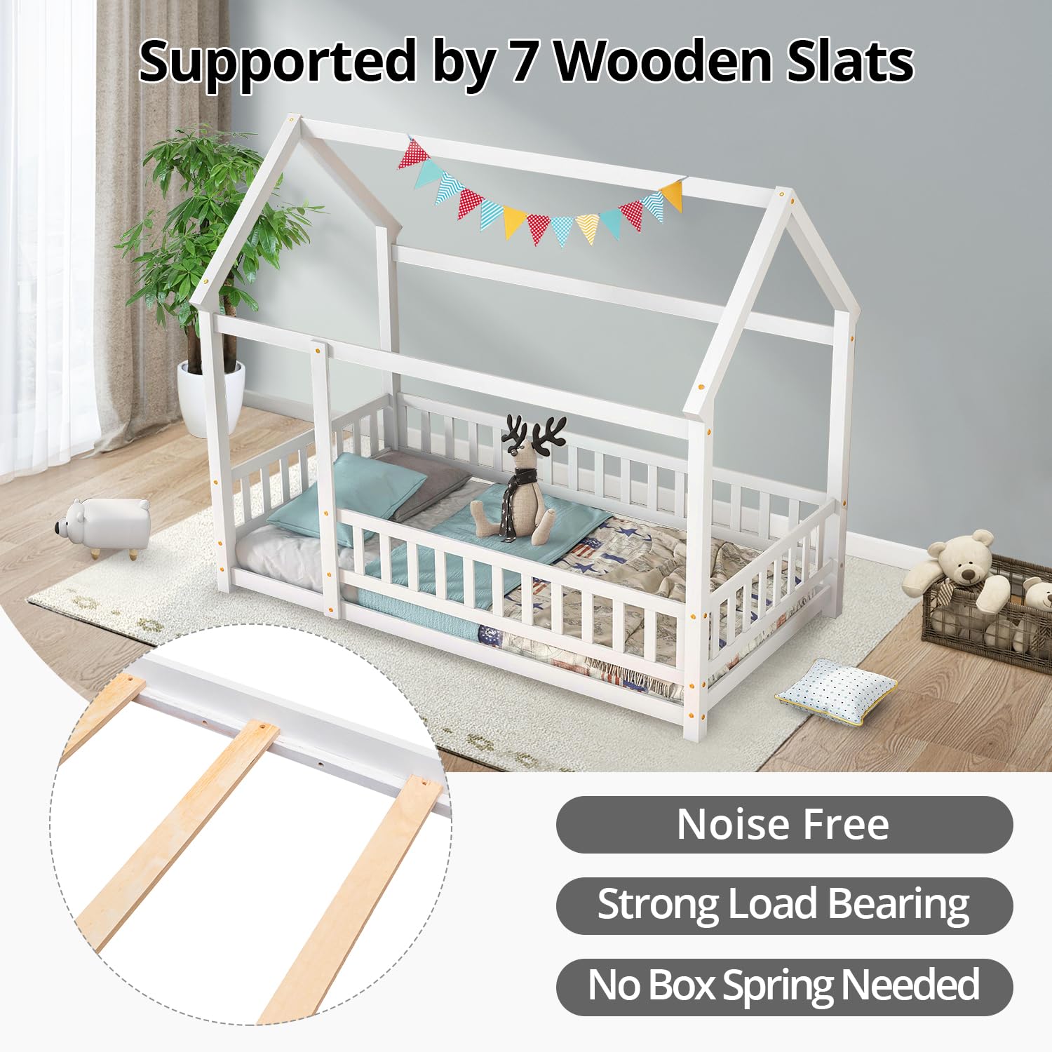 LLS Twin Montessori Floor Bed, Wooden Floor Bed Frame with Slats and Fence, House Bed for Boys Girls Bedroom, White