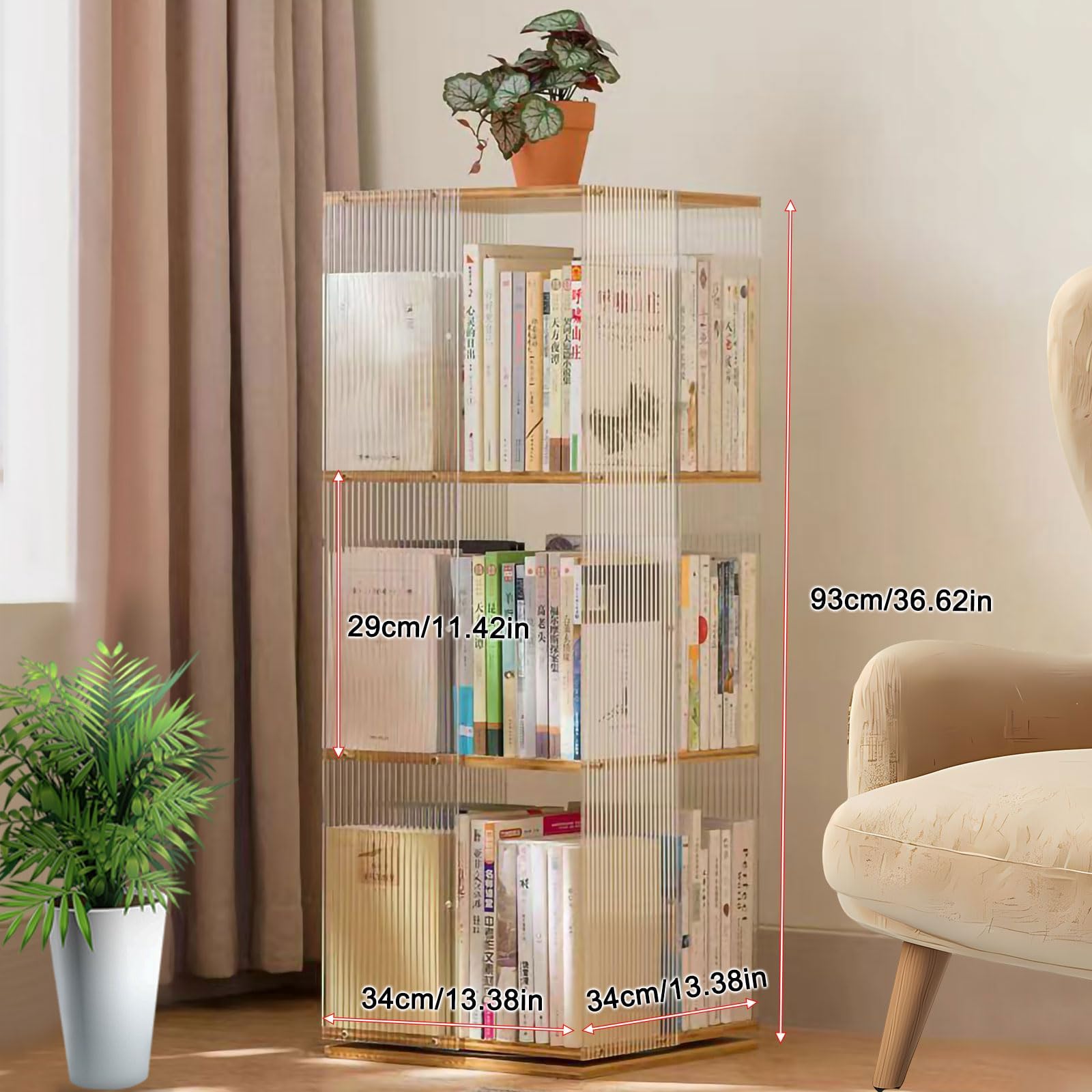 Huazzzyi Acrylic Rotating Bookshelf, 3 Tier Acrylic Book Tower 360 Rotating Bookshelf, 37IN Rotating Book Shelf Acrylic for Living Room, Study Room