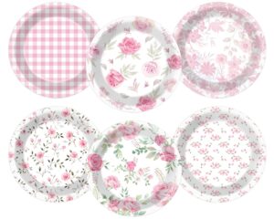 justforjoyful 48pcs floral paper plates pink rose party decoration disposable vintage flower party dinnerware tableware set tea party dinner plate for birthday wedding baby shower party supplies 7in