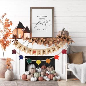 Give Thanks Banner, 2 Pcs Thanksgiving Burlap Bunting with Bows and Felt Fall Leaves Wood Bead Garland Autumn Maple Friendsgiving Decorations for Fireplace Mantel Office Classroom Party Hanging Decor