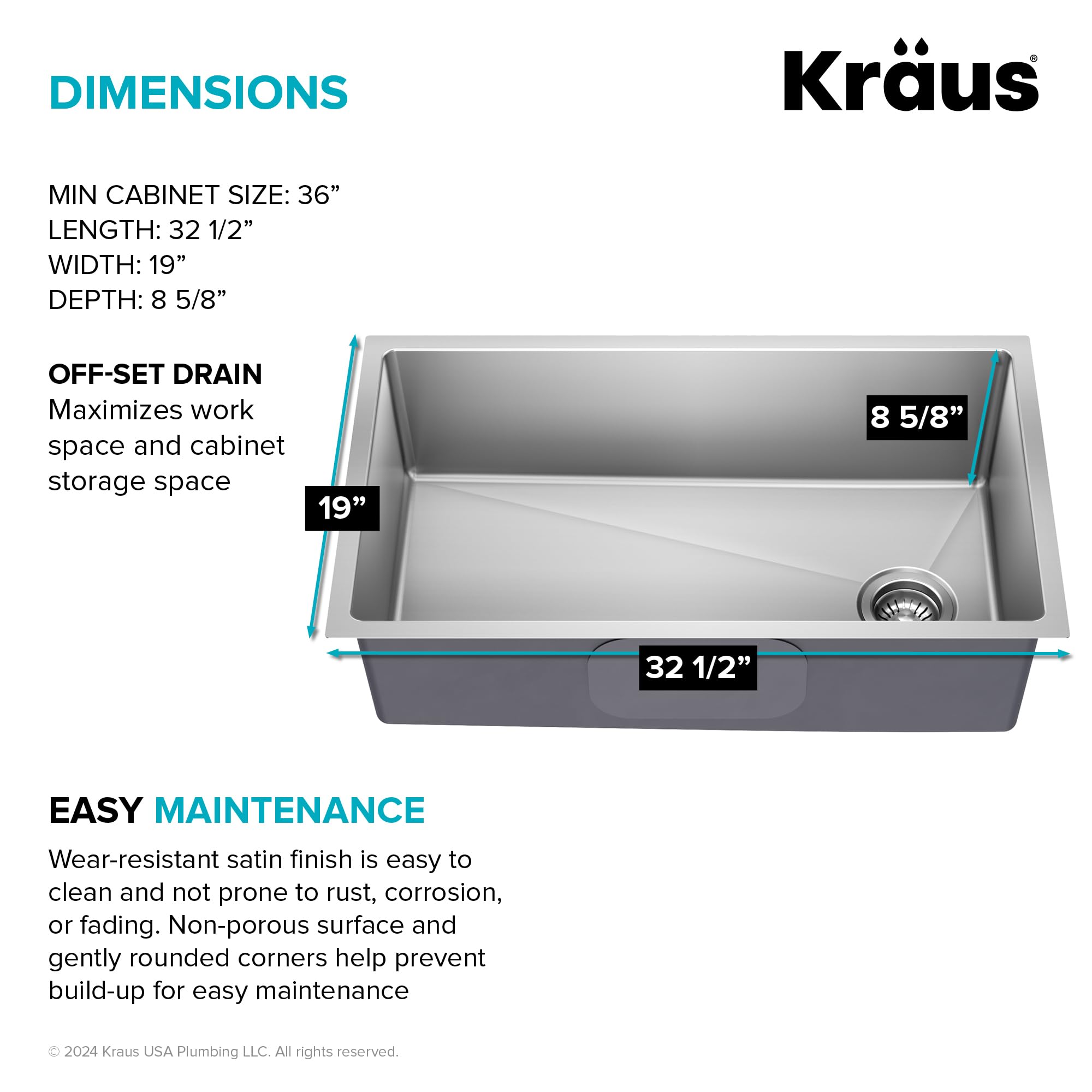 KRAUS Fairlane 33-inch Undermount Single Bowl 18-Gauge Stainless Steel Kitchen Sink, KHU640-33