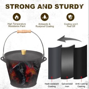 Poofzy Ash Bucket with Lid, 1.3 Gallon Ash Bucket for Fireplace, Metal Fireplace Bucket for Ashes Includes Shovel and Hand Broom for Wood Burning Stove and Fire Pit - Gray