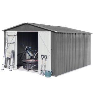 jintop 10x12 ft sheds & outdoor storage,metal aluminum garden shed,with punched vents,waterproof cabinet w/hinged door and padlock,tool house for storing bicycles,lawnmowers,barbeques,grey