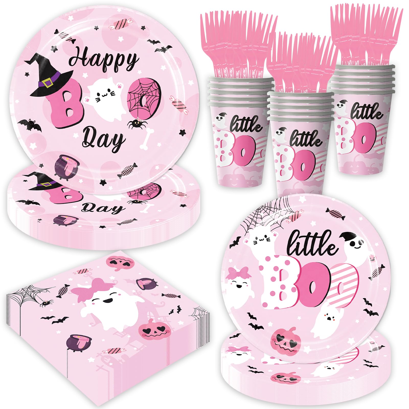 Happy BOO Day Birthday Party Decorations Set, Pink Halloween Birthday Plates,Napkins and Cups,Halloween Birthday Party Decorations for Girl, Girl Halloween Birthday Party Decorations,Serve 20 Guest.