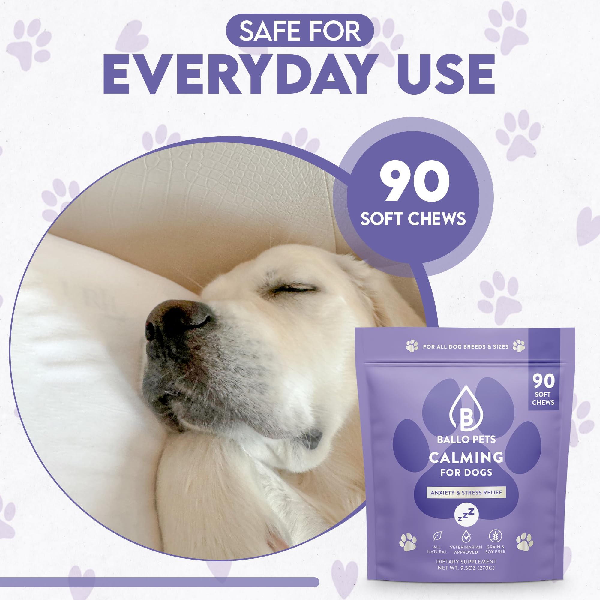 Ballo Pets Calming Chews for Dogs | Natural Stress & Anxiety Relief for Dogs - Help Manage Fireworks, Thunder, Seperation – 90 Soft Chews with Hemp, Melatonin, Chamomile, Ashwaganda- Chicken Flavor