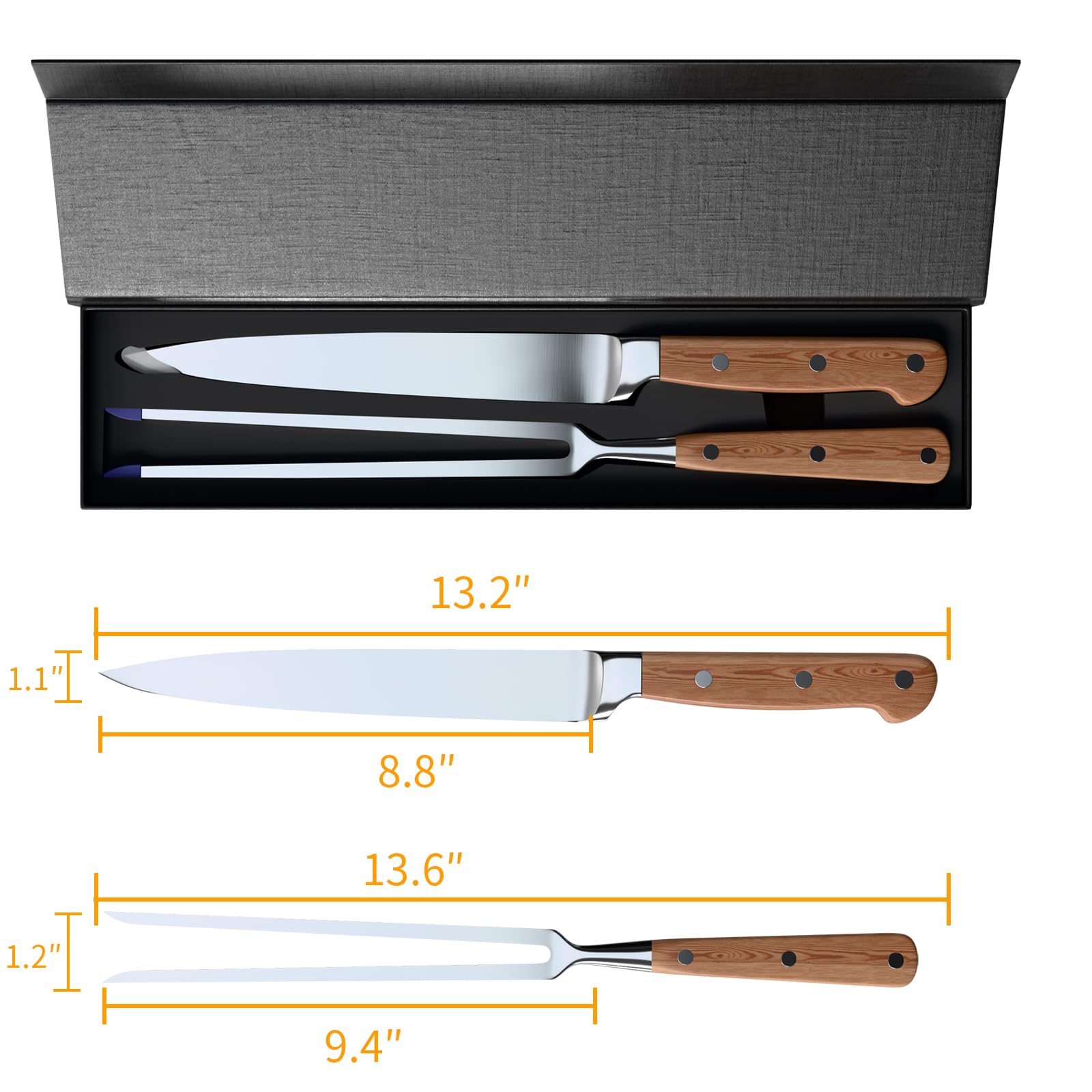 Fervidus Carving Knife Set Stainless Steel Knife and Fork with Rosewood Handles Ergonomic Design for Slicing Meat, Turkey, and Poultry