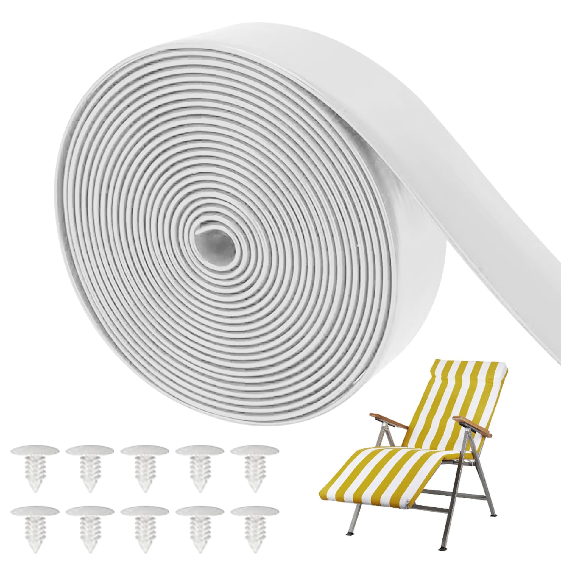 1Set Vinyl Straps for Patio Chairs Repair, 2" x10ft PVC Lawn Chair Webbing Heavy-Duty Weatherproof Patio Chair Replacement Straps with 10 Rivets for Outdoor Lawn Furniture Chair Lounge, White.