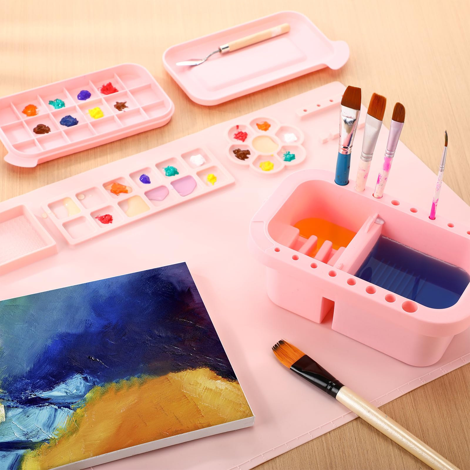 Fuyoooo 2 Pcs Painting Supplies Set with Silicone Painting Mat & Paint Brush Cleaner Bucket for Crafts Paint Brush Holder Organizer with Palette painting station Back to School Supplies Painting Party