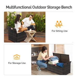 VINGLI 40 Gallon Wicker Storage Bench, Patio Cushion Storage Box Designed with Side Handles, Rattan Deck Box for Garden Tools, Cushions, Outdoor Patio Deck Box for Garden, Poolside, Brown