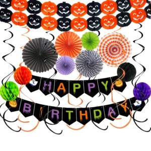 halloween birthday party decorations happy birthday banner black orange purple green paper fans pom poms swirl streamers pumpkin garland for halloween birthday ceiling hanging office decorations ﻿