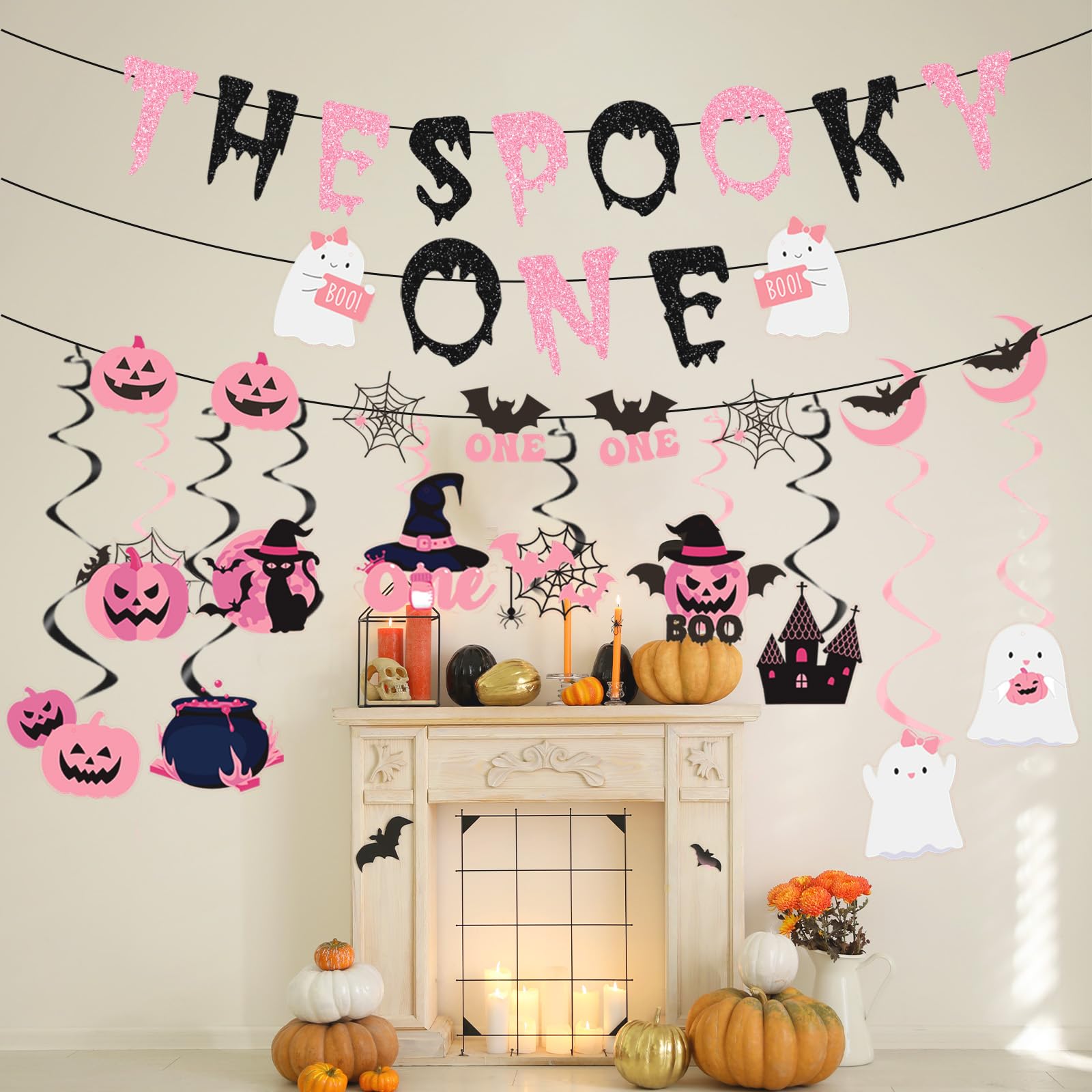 Gameza Halloween Birthday Party Decorations - 13PCS Glitter The Spooky One Birthday Decorations Girl Banner Hanging Swirls Pink Cute Ghost 1st Birthday Decor Set Little Boo Themed Party Supplies