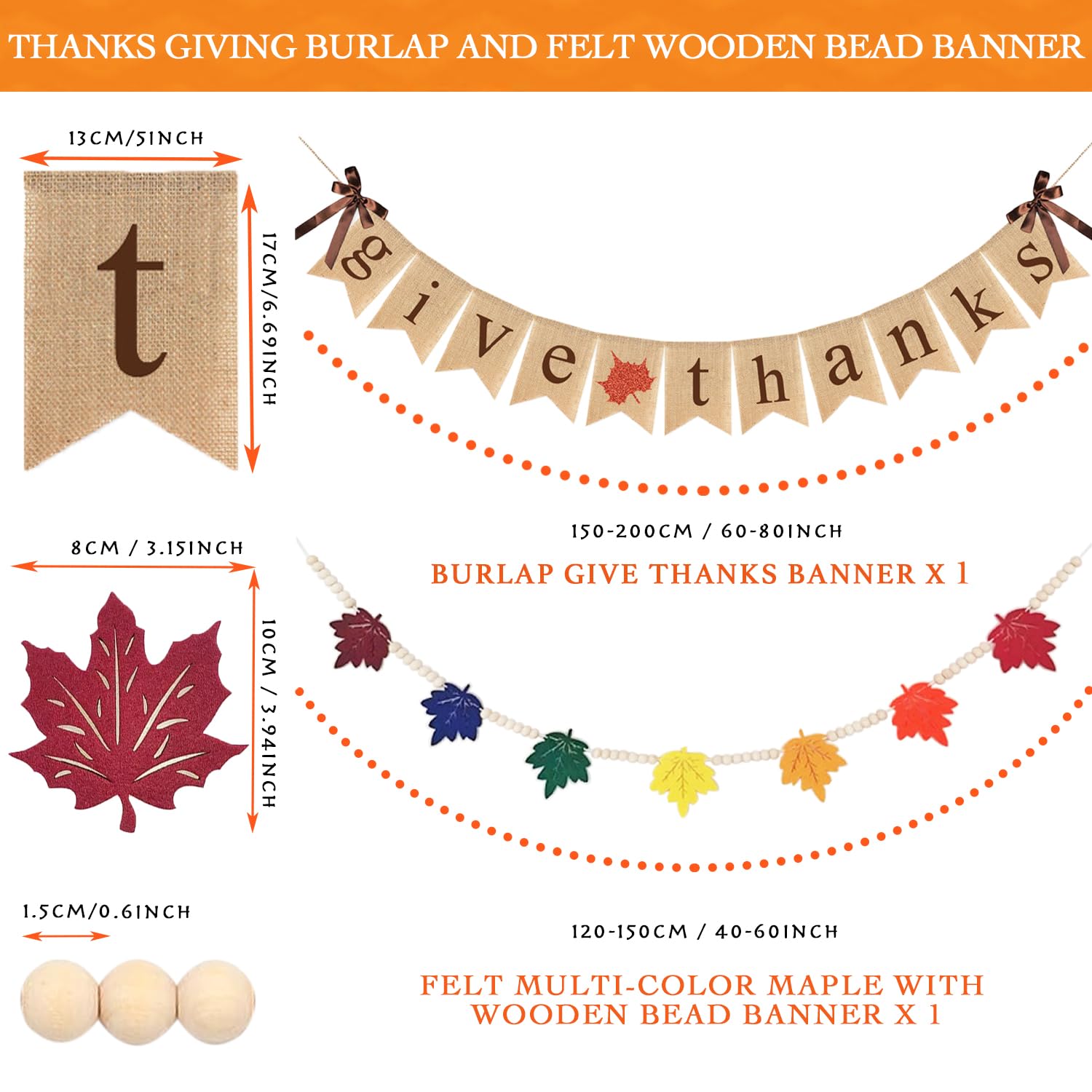 Give Thanks Banner, 2 Pcs Thanksgiving Burlap Bunting with Bows and Felt Fall Leaves Wood Bead Garland Autumn Maple Friendsgiving Decorations for Fireplace Mantel Office Classroom Party Hanging Decor