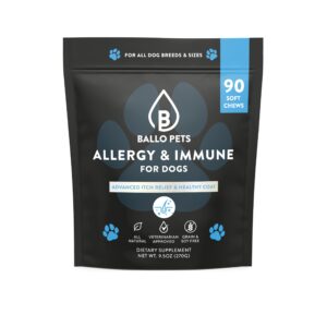 ballo pets allergy & immune chews for dogs - itch relief for dogs - dog seasonal allergies- skin and coat supplement - omega 3, pumpkin powder, turmeric root, quercetin- 90 soft chews- salmon flavor