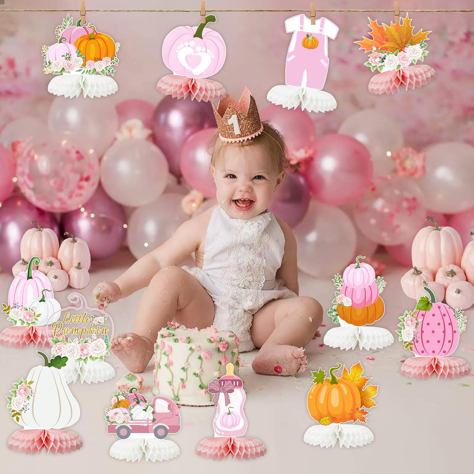 12PCS Little Pumpkin Baby Shower Decorations Honeycomb Centerpiece Fall Party Table Decor for Girls Pink Table Toppers Honeycomb 3D Table Decoration for Baby Shower Birthday Party Supplies