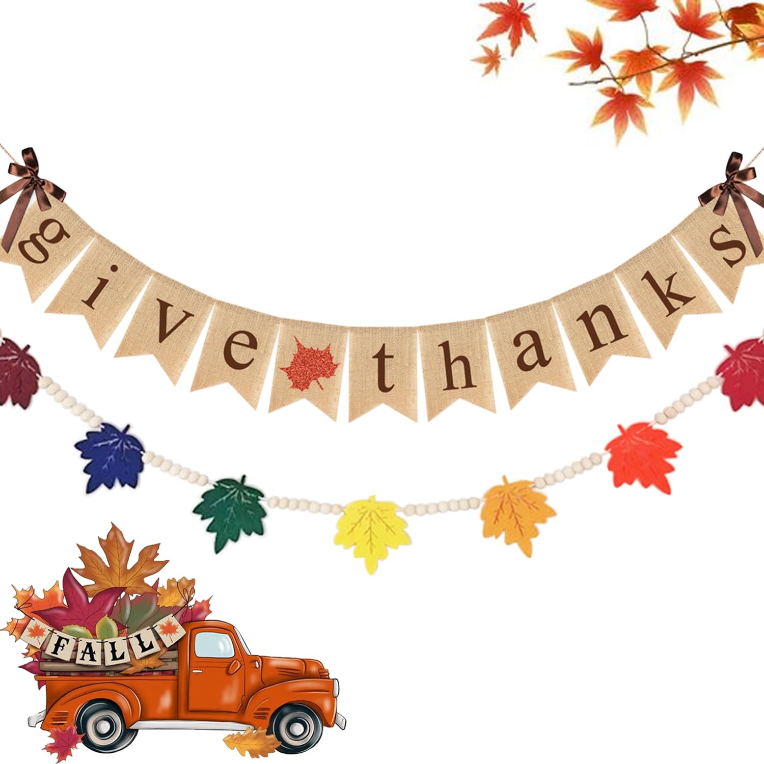 Give Thanks Banner, 2 Pcs Thanksgiving Burlap Bunting with Bows and Felt Fall Leaves Wood Bead Garland Autumn Maple Friendsgiving Decorations for Fireplace Mantel Office Classroom Party Hanging Decor