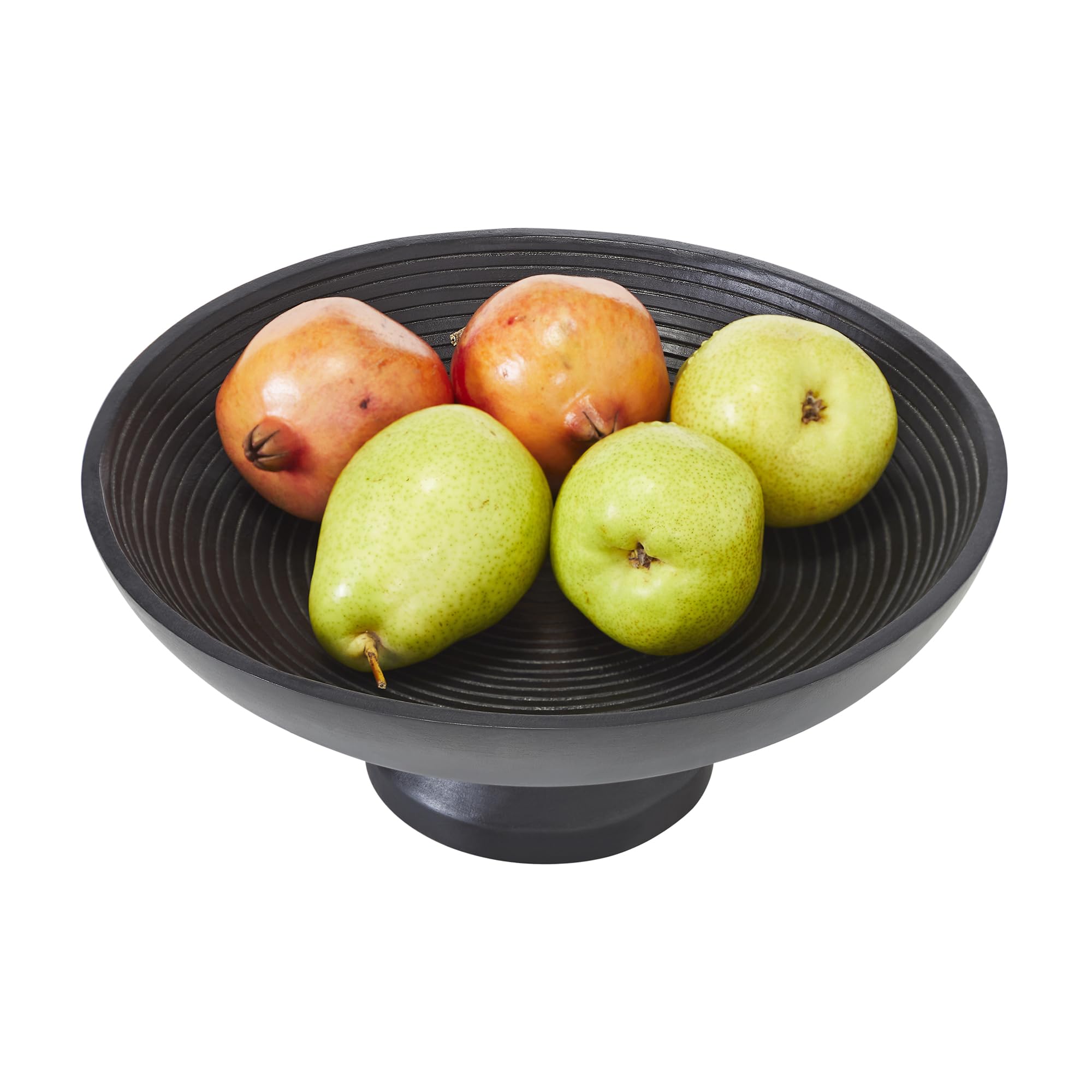 VHC Brands Ribbed Black Wooden Fruit Bowl 5.5x12x12, Kitchen Decor, Decorative Wooden Pedestal Bowl, Perfect Centerpiece for Table, Island, or Counter