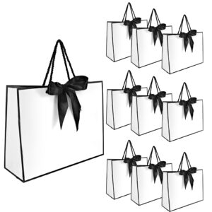 10 pcs thank you gift bags with handle tissue paper bag with bow ribbon welcome gift bags for wedding bridal groomsmen bridesmaid birthday baby shower retirement, 12.6 x 9.8 x 4.3'' (black white)