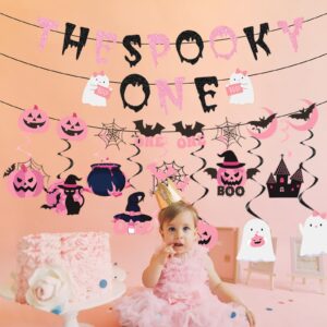 Gameza Halloween Birthday Party Decorations - 13PCS Glitter The Spooky One Birthday Decorations Girl Banner Hanging Swirls Pink Cute Ghost 1st Birthday Decor Set Little Boo Themed Party Supplies