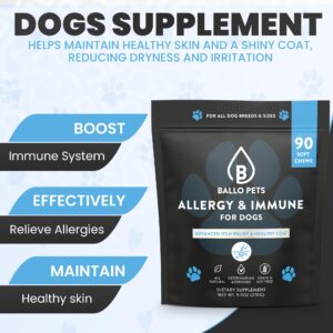 Ballo Pets Allergy & Immune Chews for Dogs - Itch Relief for Dogs - Dog Seasonal Allergies- Skin and Coat Supplement - Omega 3, Pumpkin Powder, Turmeric Root, Quercetin- 90 Soft Chews- Salmon Flavor