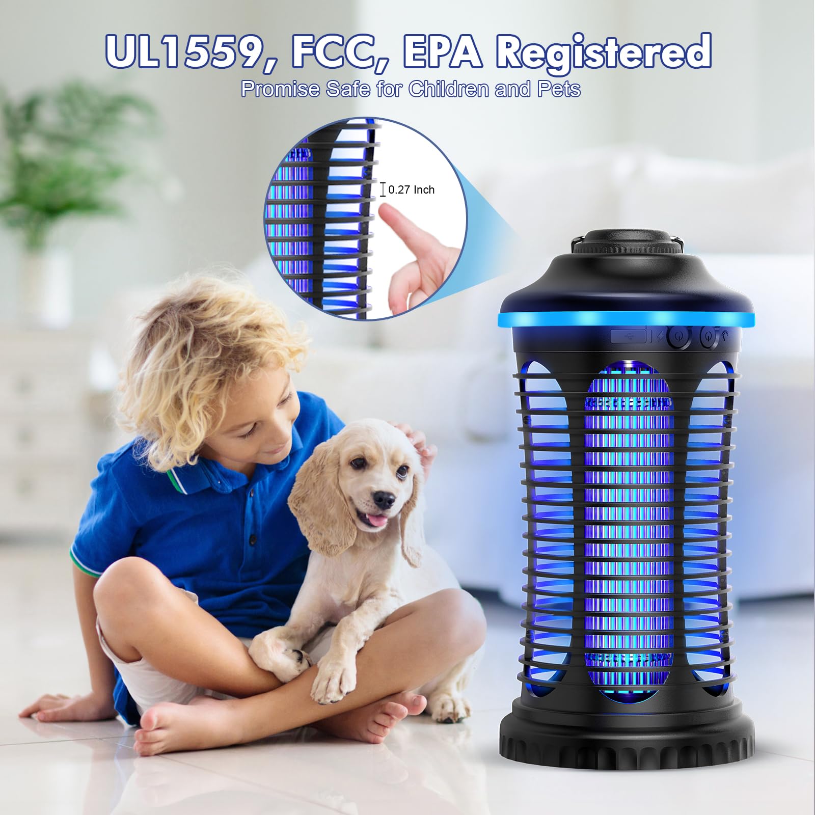 Reogle Rechargeable Bug Zapper Outdoor & Indoor, Mosquito Zapper, Fruit Fly Trap, Gnat Moths Catcher, 4200V Grid, USB Charging, 4000mAh Battery, Fit for Home, Kitchen, Backyard, Camping, Patio, Black