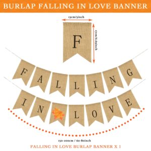 Falling in Love Banner, Thanksgiving Burlap Bunting Garland with Maple Leave Autumn Harvest Decorations for Wedding Bridal Baby Shower Engagement Anniversary Graduation Valentines Party Hanging Decor