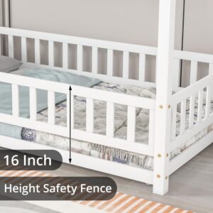 LLS Twin Montessori Floor Bed, Wooden Floor Bed Frame with Slats and Fence, House Bed for Boys Girls Bedroom, White