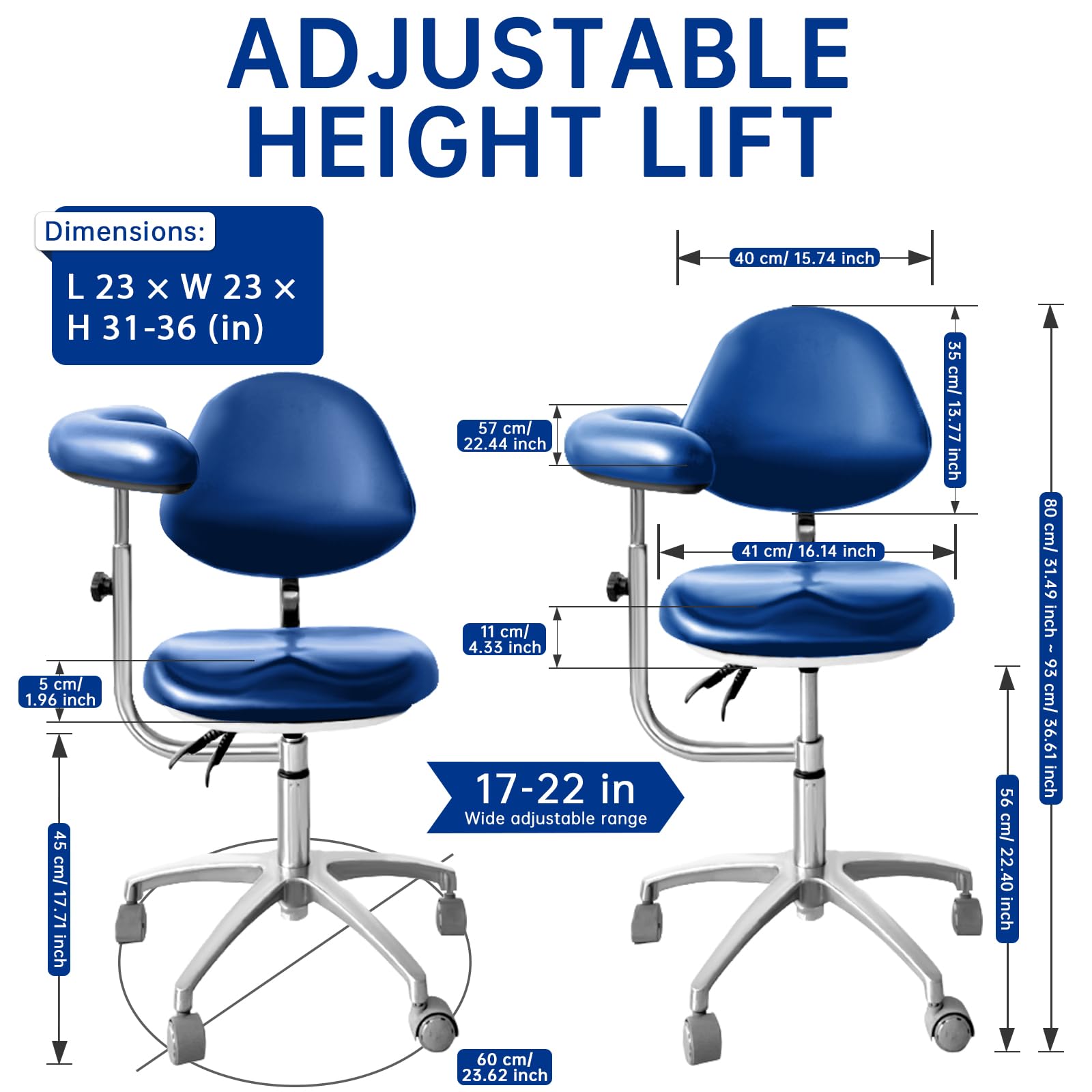 Medical Dental Assistant Chair with Swivel Armrests Rolling Medical Chair, Ergonomic, PU Leather Swivel Dentist Stool with Backrest for Clinic, Home, Laboratory, Blue