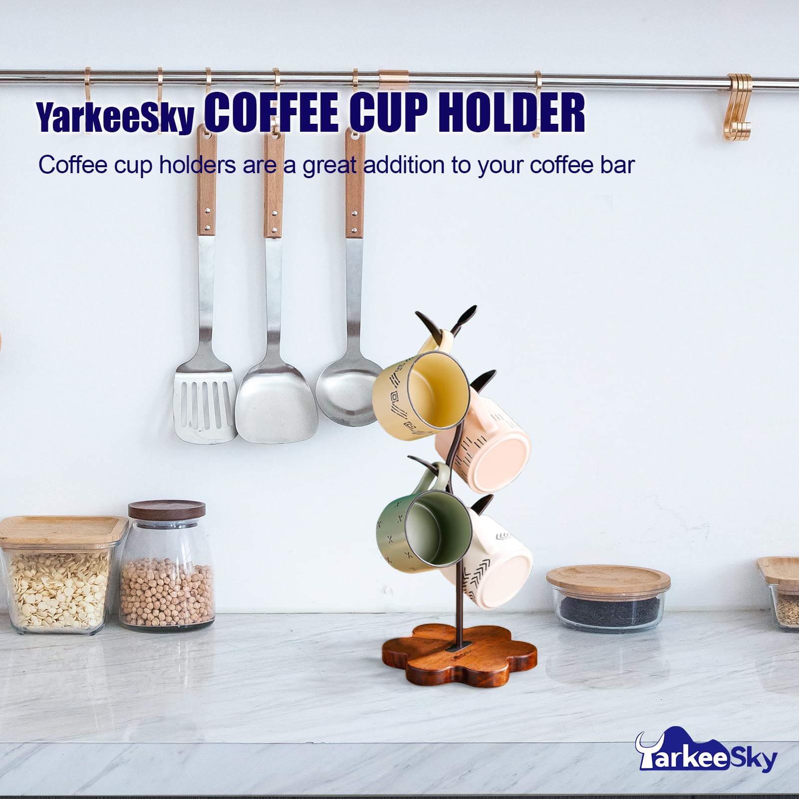 YarkeeSky Mug Holder, Countertop Mug Tree, Leaf Shaped Coffee Mug Tree with Wooden Base, 4 Hooks Coffee Cup Holder for Counter, Coffee Counter Bar Accessory & Kitchen Organizer, Brown