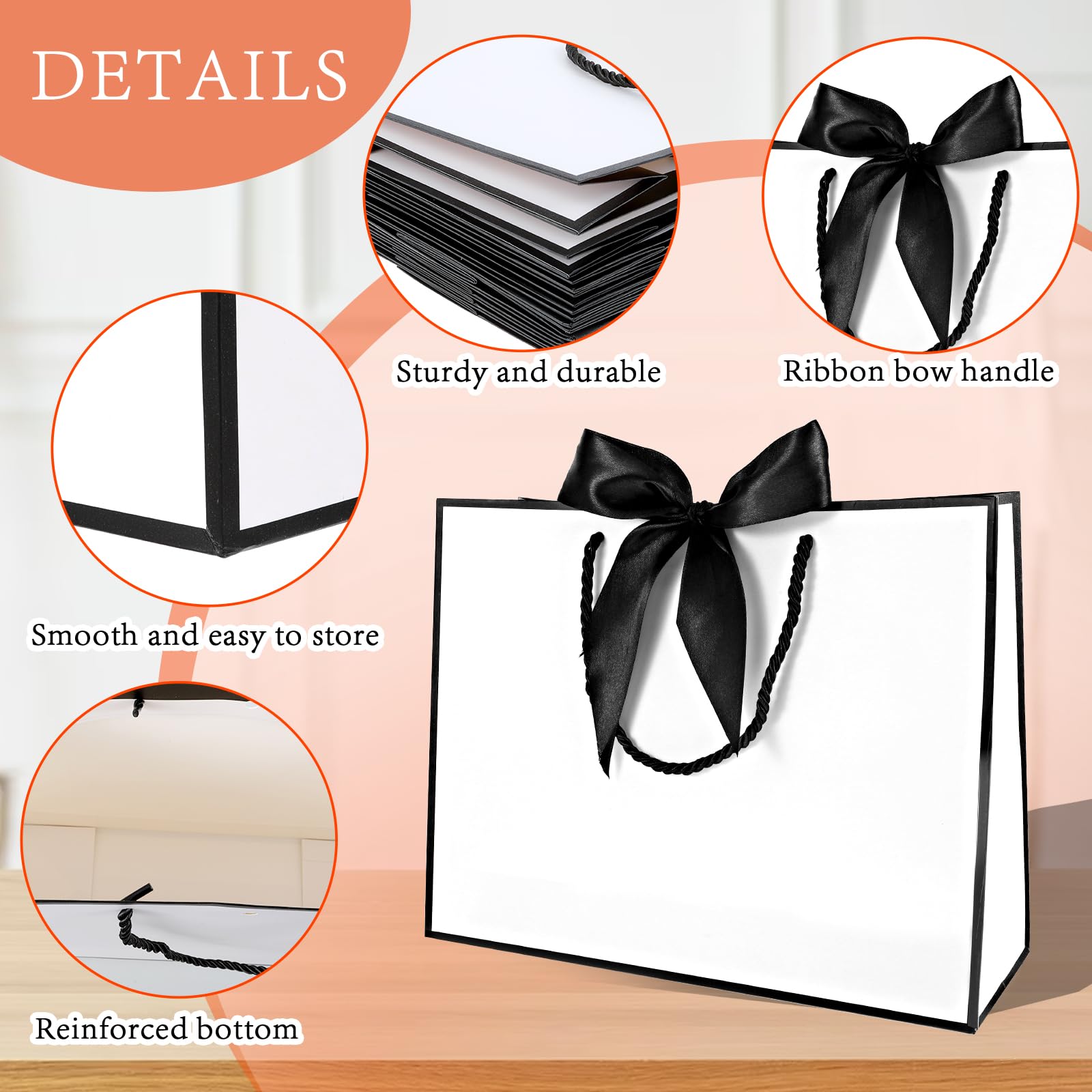 10 Pcs Thank You Gift Bags with Handle Tissue Paper Bag with Bow Ribbon Welcome Gift Bags for Wedding Bridal Groomsmen Bridesmaid Birthday Baby Shower Retirement, 12.6 x 9.8 x 4.3'' (Black White)