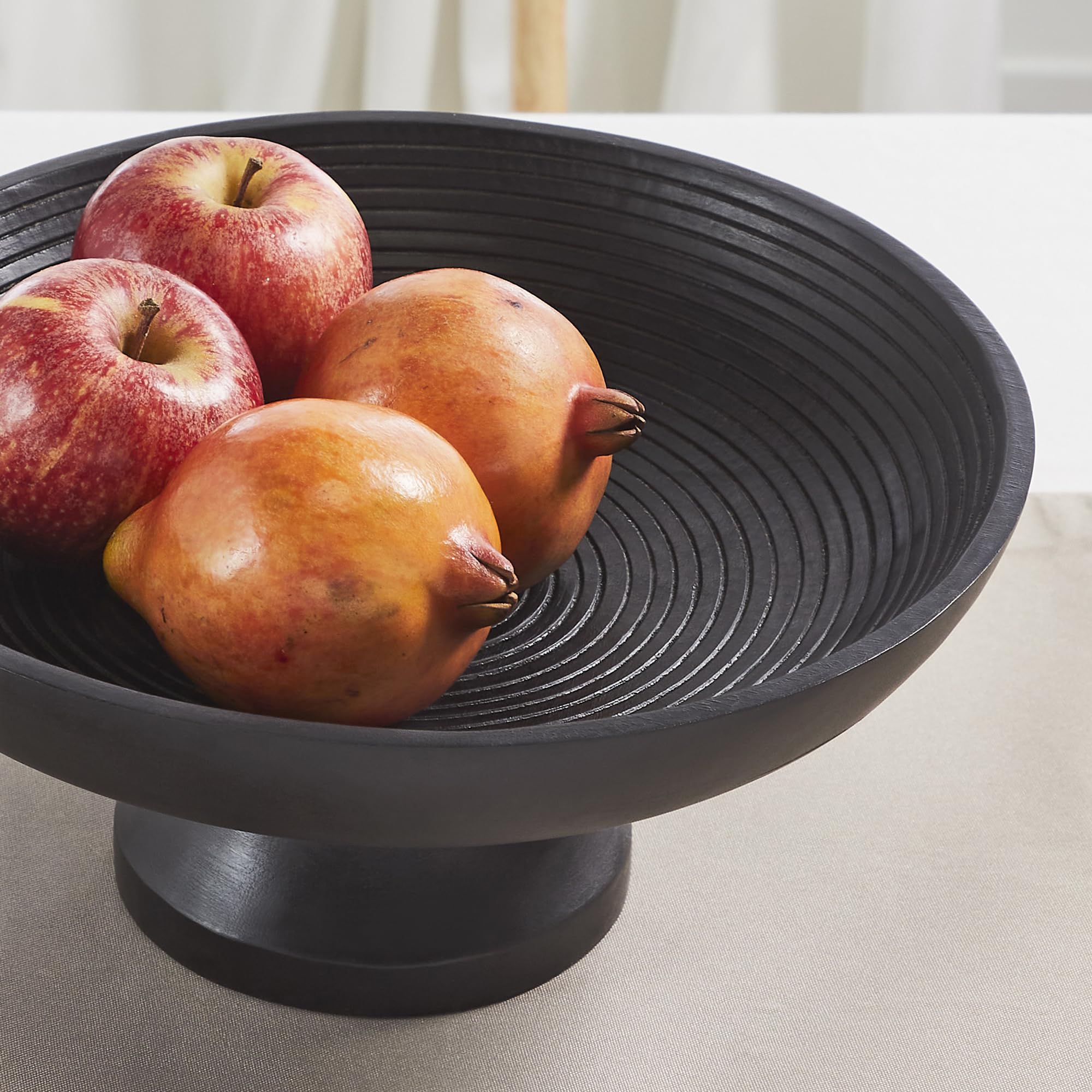 VHC Brands Ribbed Black Wooden Fruit Bowl 5.5x12x12, Kitchen Decor, Decorative Wooden Pedestal Bowl, Perfect Centerpiece for Table, Island, or Counter