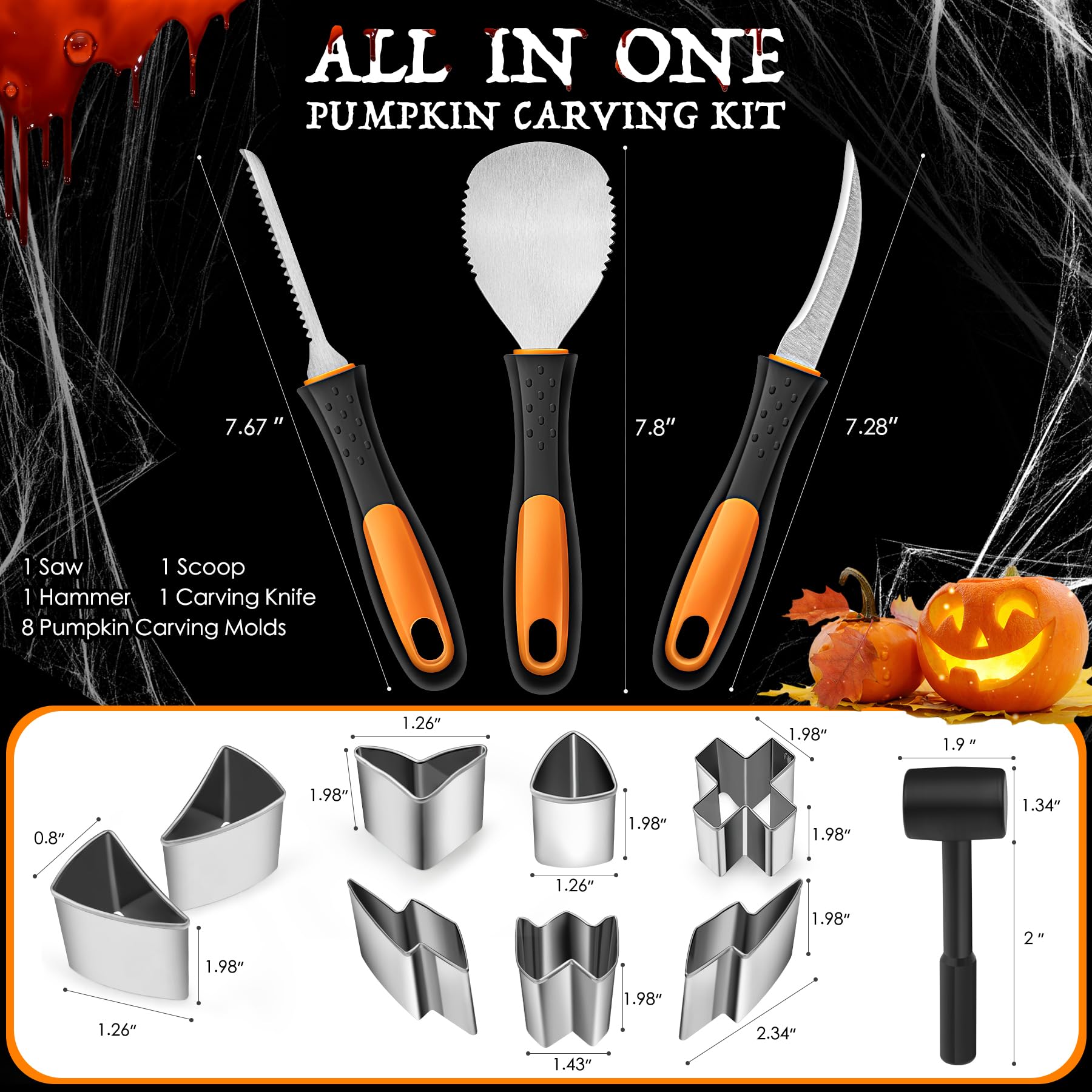 CHALEEMANG Pumpkin Carving Kit Halloween, Safe and Easy Set for Kids, Halloween Decoration Jack-O-Lanterns, DIY Stainless Steel Tools Gift Halloween