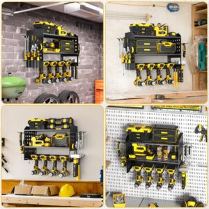 Spacecare Power Tool Organizer, Drill Holder Wall Mount with 2 Side Pegboards with Hooks, 3 Layer Garage Organization Floating Cordless Heavy Duty Tool Organizers Utility Rack for 4Drill Holders Black