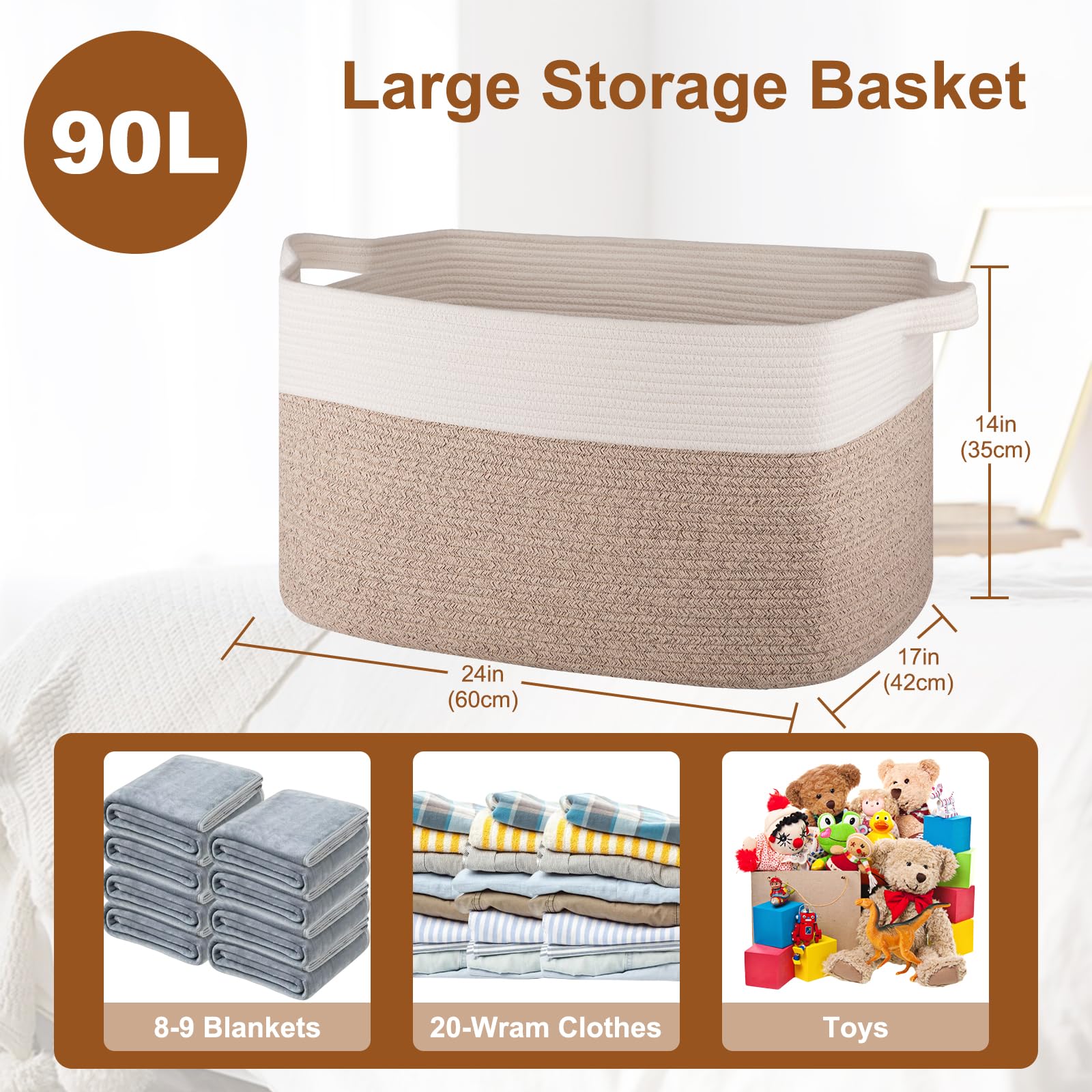 OIASKET Extra Large Laundry Basket, 90L Blanket Basket for Living Room, Cotton Rope Storage Basket, Toy Basket for Kids, Woven Basket for Clothes, Towels, Pillows, 24" x 17" x 14", Brown and White