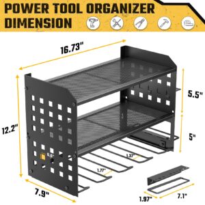 Spacecare Power Tool Organizer, Drill Holder Wall Mount with 2 Side Pegboards with Hooks, 3 Layer Garage Organization Floating Cordless Heavy Duty Tool Organizers Utility Rack for 4Drill Holders Black