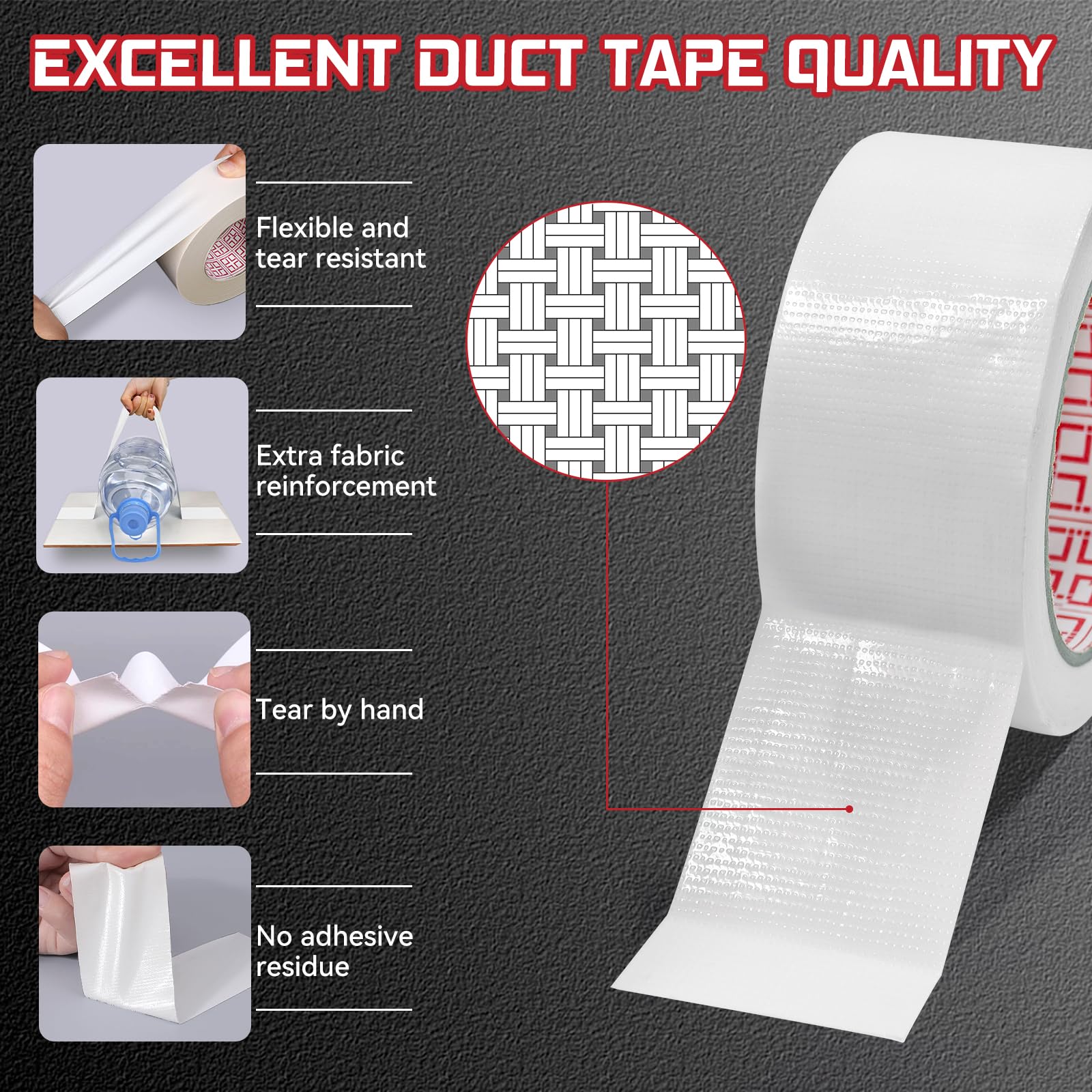 White Duct Tape Heavy Duty Waterproof, Strong Adhesive Duct Tape Bulk for Indoor Outdoor Use, 60 Yards x 2 Inch Total, Multi Purpose Home Repair, Flexible, No Residue and Tear by Hand