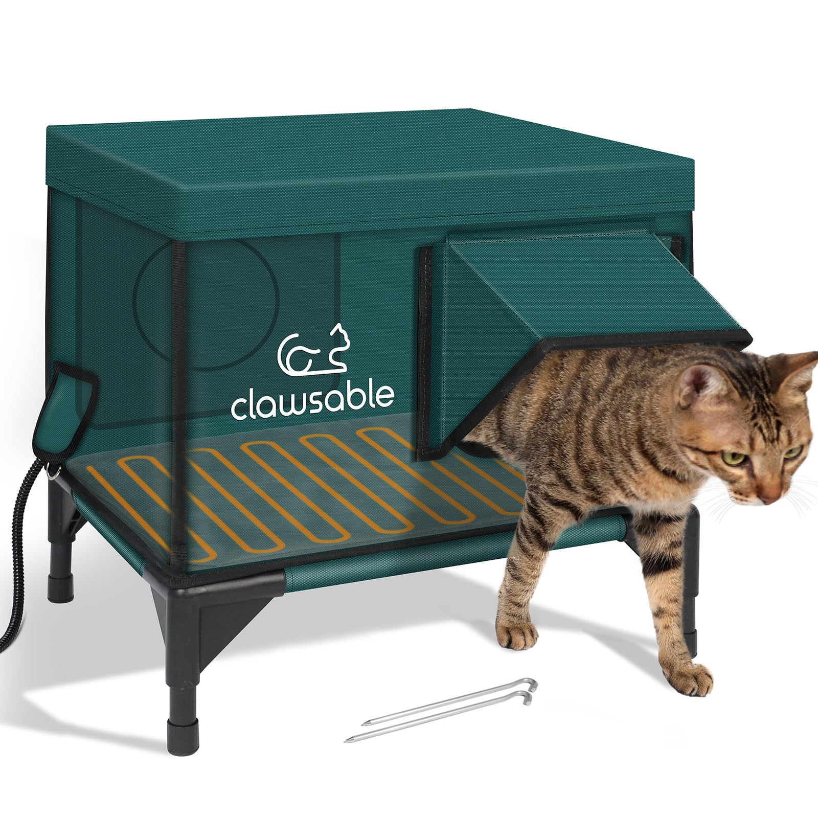 Clawsable Premium Heated Cat House for Outside Winter, 100% Weatherproof, Safe Escape Door, Insulated Outdoor Cat House Shelter with Heater for Feral Barn Cat Kitty (Dark Forest Green, Small)