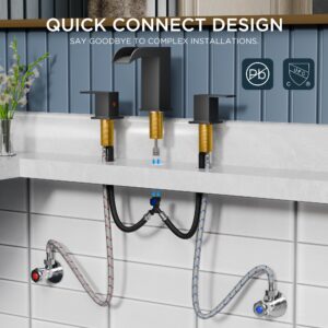 QFN Black Bathroom Faucet 3 Hole, Waterfall Bathroom Faucets with Metal Pop-up Drain and Cupc Hose, Matte Black Widespread Bathroom Sink Faucet, Two Handle Faucet for Bathroom Sink