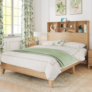 yechen retro fluted queen bed with storage headboard & charging station, 55.5" tall natural wooden metal platform bed with solid wood legs, sturdy wood slats support, noise free, no box spring needed