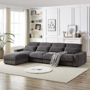 convertible sectional couch modular sofa with movable ottoman,126" upholstered corduroy l shaped couch with usb port&cup holder,oversized comfy cloud couch,modern sofa for living room(4 seater,grey)