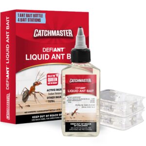 catchmaster defiant liquid ant bait with 4 reusable bait stations, multi-surface ant killer for home, discrete ant traps indoor & outdoor, pest control traps, reduce & remove ant infestation colonies